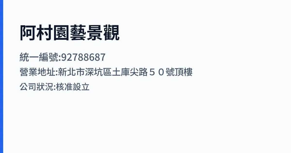 阿村園藝景觀 - 統編 92788687(新北市) 公司登記資料與營業項目詳細圖表