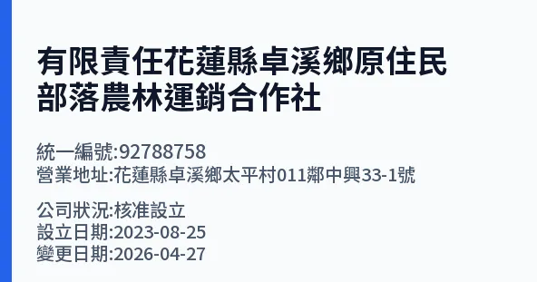 有限責任花蓮縣卓溪鄉原住民部落農林運銷合作社的照片-統編 92788758(花蓮縣) 公司登記資料與營業項目詳細圖表