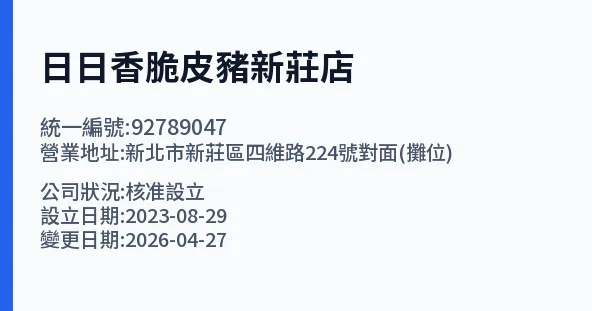 日日香脆皮豬新莊店的照片-統編 92789047(新北市) 公司登記資料與營業項目詳細圖表