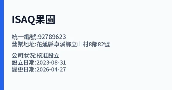 ISAQ果園的照片-統編 92789623(花蓮縣) 公司登記資料與營業項目詳細圖表