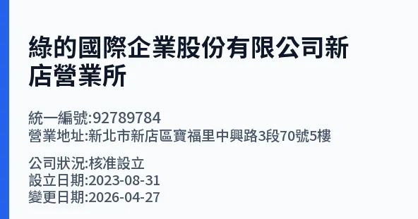 綠的國際企業股份有限公司新店營業所的照片-統編 92789784(新北市) 公司登記資料與營業項目詳細圖表