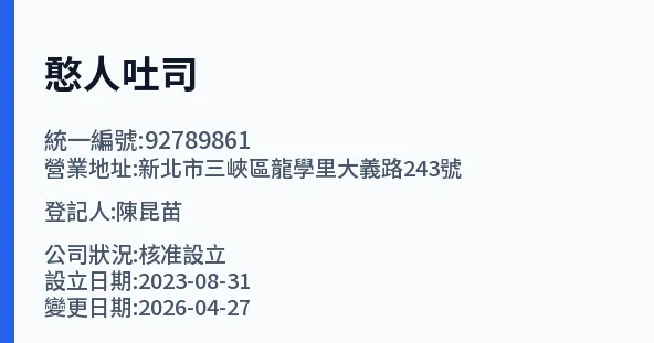 憨人吐司的照片-統編 92789861(新北市) 公司登記資料與營業項目詳細圖表
