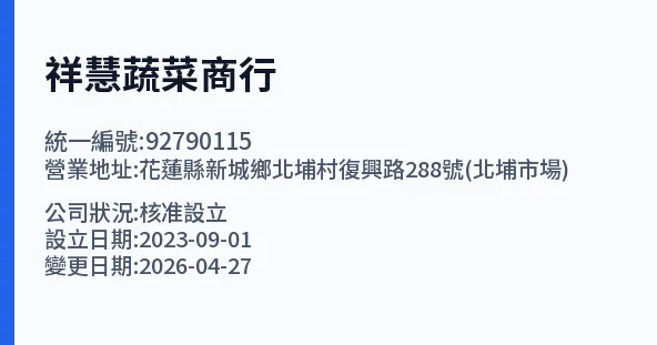 祥慧蔬菜商行的照片-統編 92790115(花蓮縣) 公司登記資料與營業項目詳細圖表