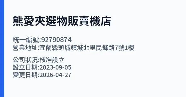 熊愛夾選物販賣機店的照片-統編 92790874(宜蘭縣) 公司登記資料與營業項目詳細圖表