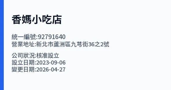 香媽小吃店的照片-統編 92791640(新北市) 公司登記資料與營業項目詳細圖表