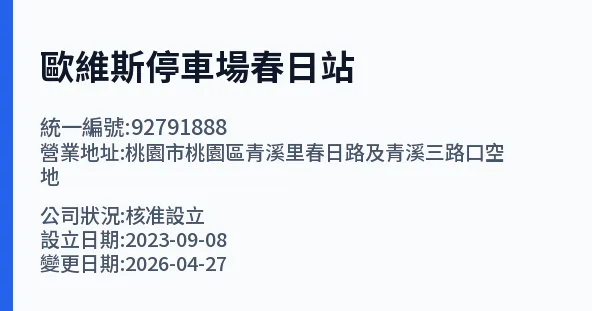 歐維斯停車場春日站的照片-統編 92791888(桃園市) 公司登記資料與營業項目詳細圖表