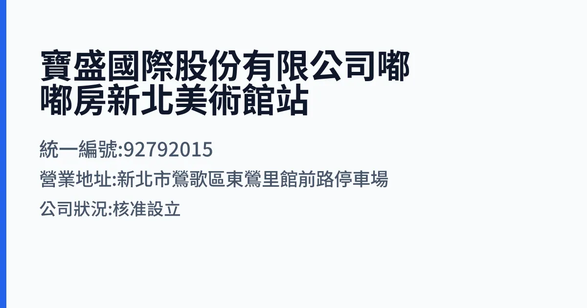 寶盛國際股份有限公司嘟嘟房新北美術館站 - 統編 92792015(新北市) 公司登記資料與營業項目詳細圖表