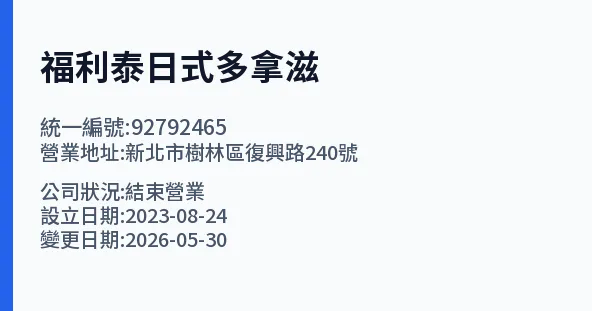 福利泰日式多拿滋的照片-統編 92792465(新北市) 公司登記資料與營業項目詳細圖表