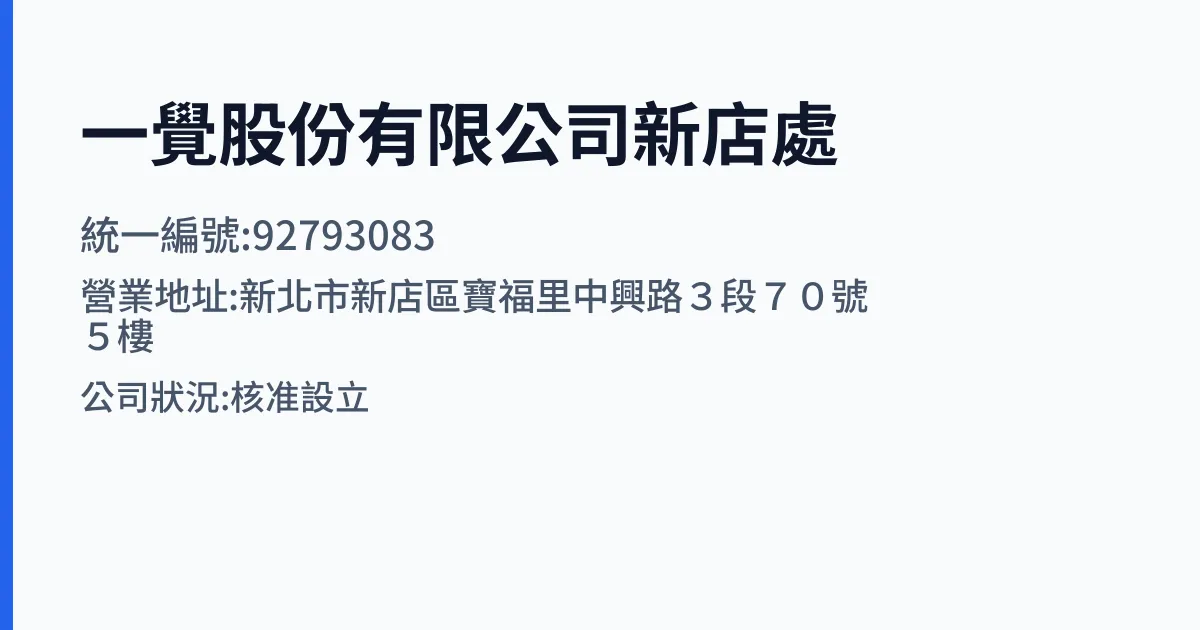 一覺股份有限公司新店處 - 統編 92793083(新北市) 公司登記資料與營業項目詳細圖表