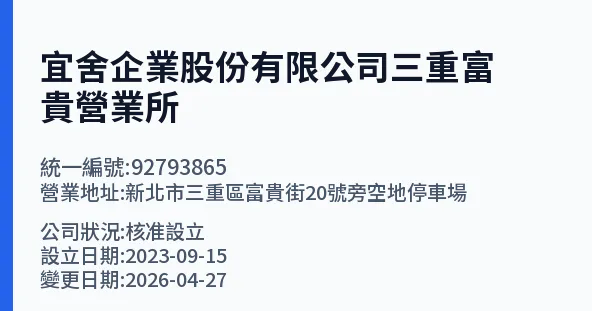 宜舍企業股份有限公司三重富貴營業所的照片-統編 92793865(新北市) 公司登記資料與營業項目詳細圖表