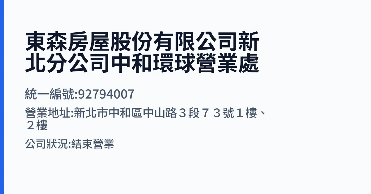 東森房屋股份有限公司新北分公司中和環球營業處 - 統編 92794007(新北市) 公司登記資料與營業項目詳細圖表