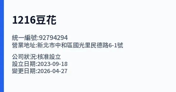 1216豆花的照片-統編 92794294(新北市) 公司登記資料與營業項目詳細圖表