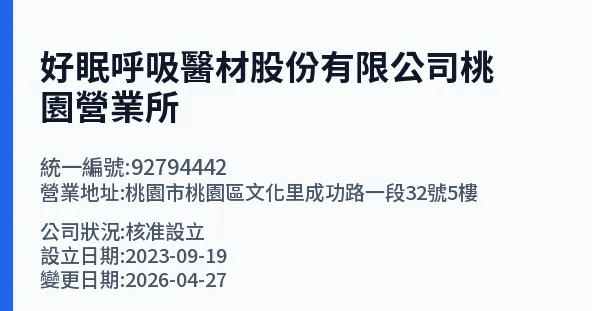 好眠呼吸醫材股份有限公司桃園營業所的照片-統編 92794442(桃園市) 公司登記資料與營業項目詳細圖表