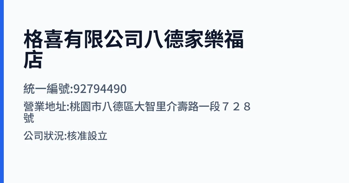 格喜有限公司八德家樂福店 - 統編 92794490(桃園市) 公司登記資料與營業項目詳細圖表