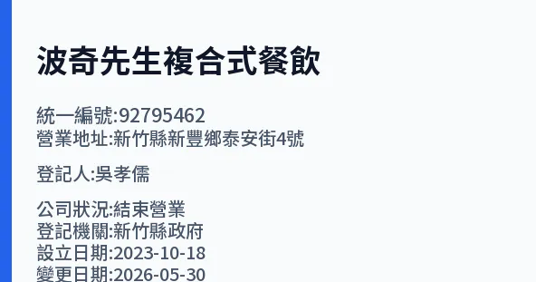 波奇先生複合式餐飲的照片-統編 92795462(新竹縣) 公司登記資料與營業項目詳細圖表