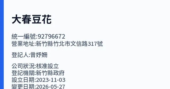 大春豆花的照片-統編 92796672(新竹縣) 公司登記資料與營業項目詳細圖表