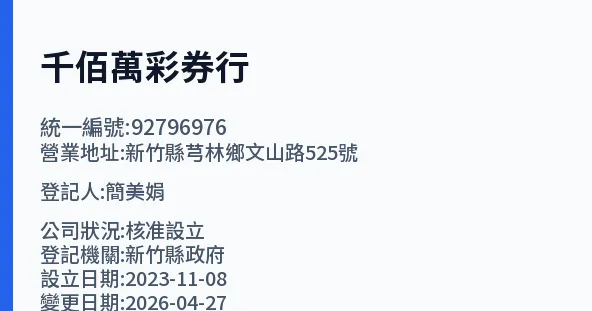 千佰萬彩券行的照片-統編 92796976(新竹縣) 公司登記資料與營業項目詳細圖表