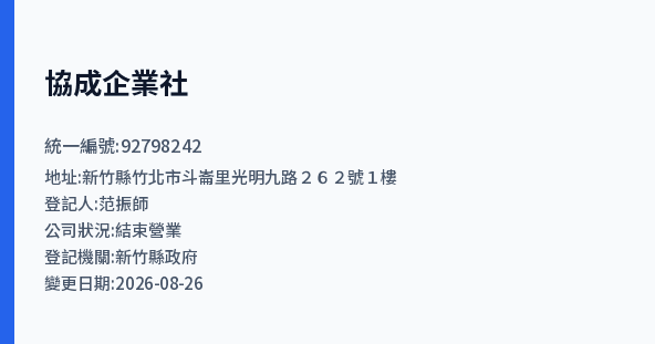 協成企業社的照片-統編 92798242(新竹縣) 公司登記資料與營業項目詳細圖表