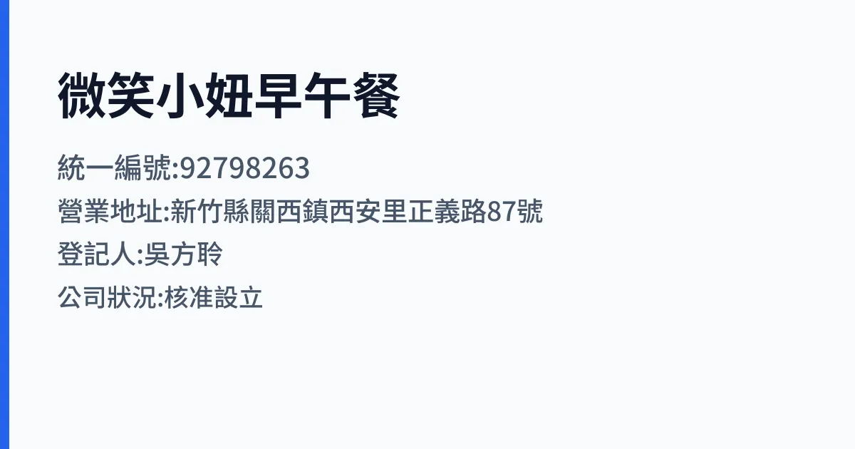 微笑小妞早午餐 - 統編 92798263（新竹縣） 公司登記資料與營業項目詳細圖表