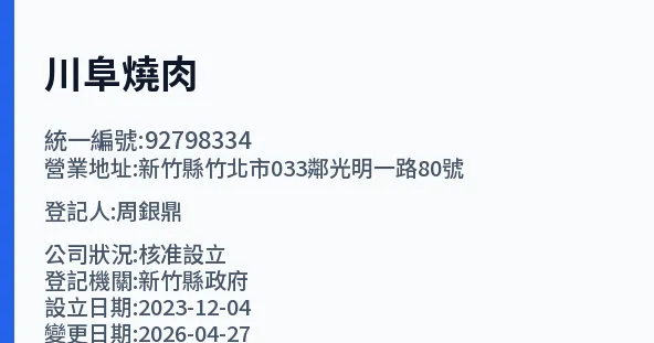 川阜燒肉的照片-統編 92798334(新竹縣) 公司登記資料與營業項目詳細圖表
