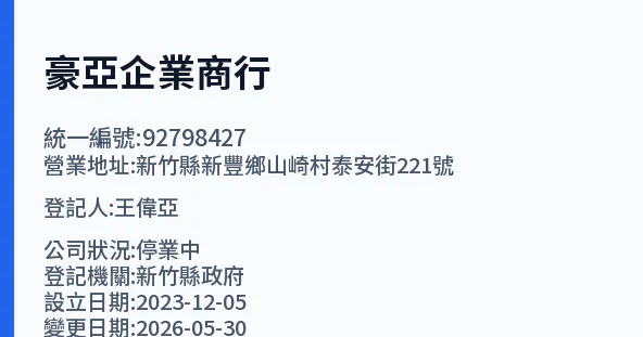 豪亞企業商行的照片-統編 92798427(新竹縣) 公司登記資料與營業項目詳細圖表