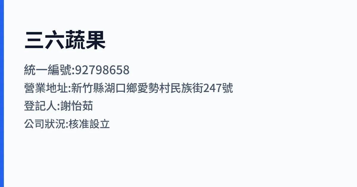 三六蔬果 - 統編 92798658(新竹縣) 公司登記資料與營業項目詳細圖表