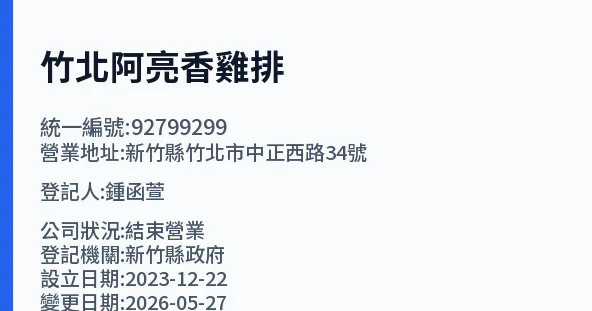 竹北阿亮香雞排的照片-統編 92799299(新竹縣) 公司登記資料與營業項目詳細圖表