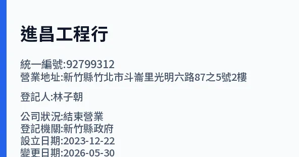 進昌工程行的照片-統編 92799312(新竹縣) 公司登記資料與營業項目詳細圖表
