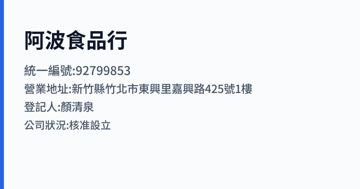 阿波食品行 - 統編 92799853(新竹縣) 公司登記資料與營業項目詳細圖表