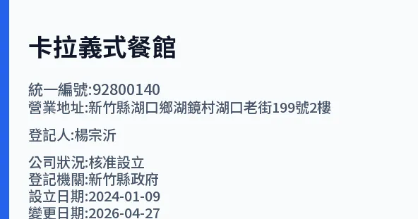 卡拉義式餐館的照片-統編 92800140(新竹縣) 公司登記資料與營業項目詳細圖表
