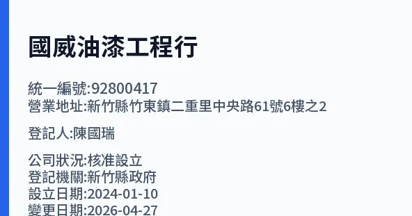 國威油漆工程行的照片-統編 92800417(新竹縣) 公司登記資料與營業項目詳細圖表
