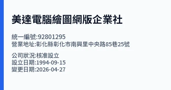 美達電腦繪圖網版企業社的照片-統編 92801295(彰化縣) 公司登記資料與營業項目詳細圖表