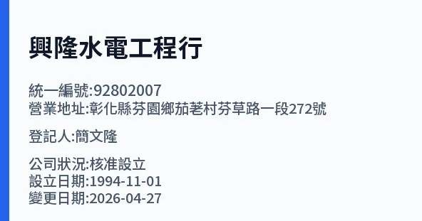興隆水電工程行的照片-統編 92802007(彰化縣) 公司登記資料與營業項目詳細圖表