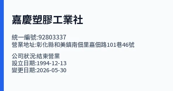 嘉慶塑膠工業社的照片-統編 92803337(彰化縣) 公司登記資料與營業項目詳細圖表