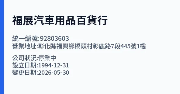 福展汽車用品百貨行的照片-統編 92803603(彰化縣) 公司登記資料與營業項目詳細圖表
