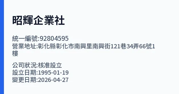 昭輝企業社的照片-統編 92804595(彰化縣) 公司登記資料與營業項目詳細圖表