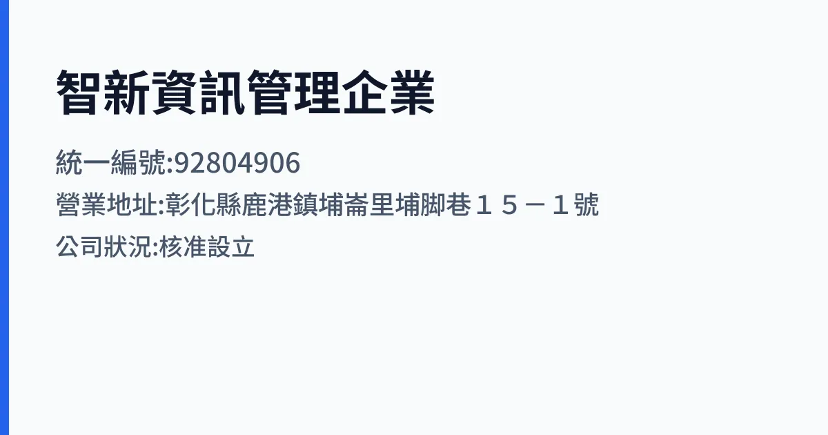 智新資訊管理企業 - 統編 92804906(彰化縣) 公司登記資料與營業項目詳細圖表