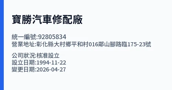寶勝汽車修配廠的照片-統編 92805834(彰化縣) 公司登記資料與營業項目詳細圖表