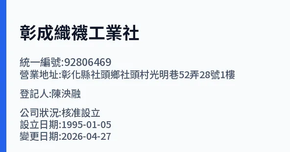 彰成織襪工業社的照片-統編 92806469(彰化縣) 公司登記資料與營業項目詳細圖表
