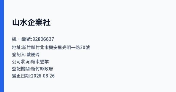 山水企業社的照片-統編 92806637(新竹縣) 公司登記資料與營業項目詳細圖表