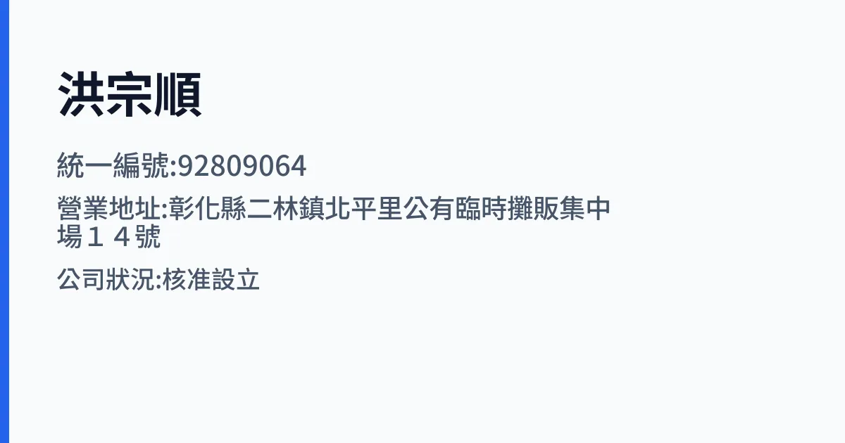 洪宗順 - 統編 92809064(彰化縣) 公司登記資料與營業項目詳細圖表