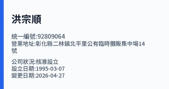洪宗順的照片-統編 92809064(彰化縣) 公司登記資料與營業項目詳細圖表