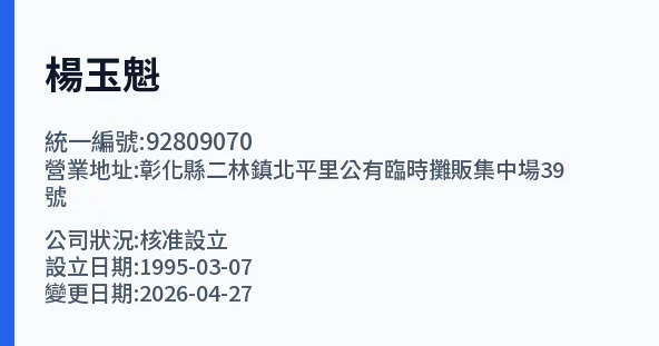 楊玉魁的照片-統編 92809070(彰化縣) 公司登記資料與營業項目詳細圖表