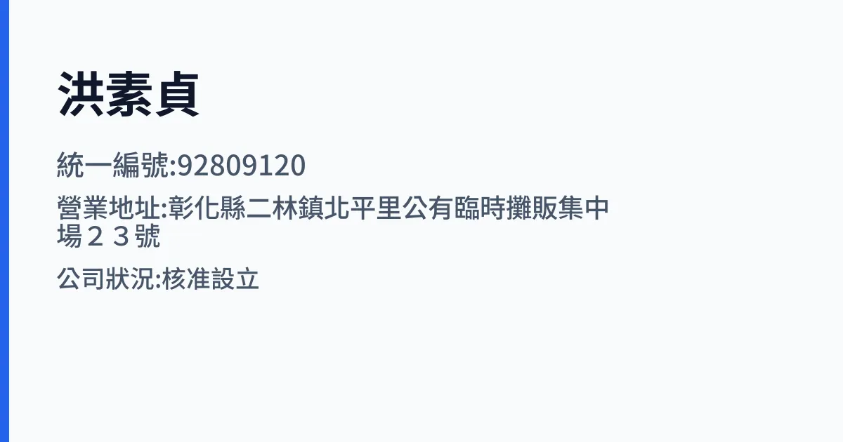 洪素貞 - 統編 92809120(彰化縣) 公司登記資料與營業項目詳細圖表