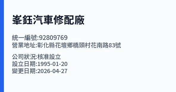 峯鈺汽車修配廠的照片-統編 92809769(彰化縣) 公司登記資料與營業項目詳細圖表