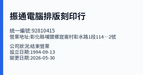振通電腦排版刻印行的照片-統編 92810415(彰化縣) 公司登記資料與營業項目詳細圖表