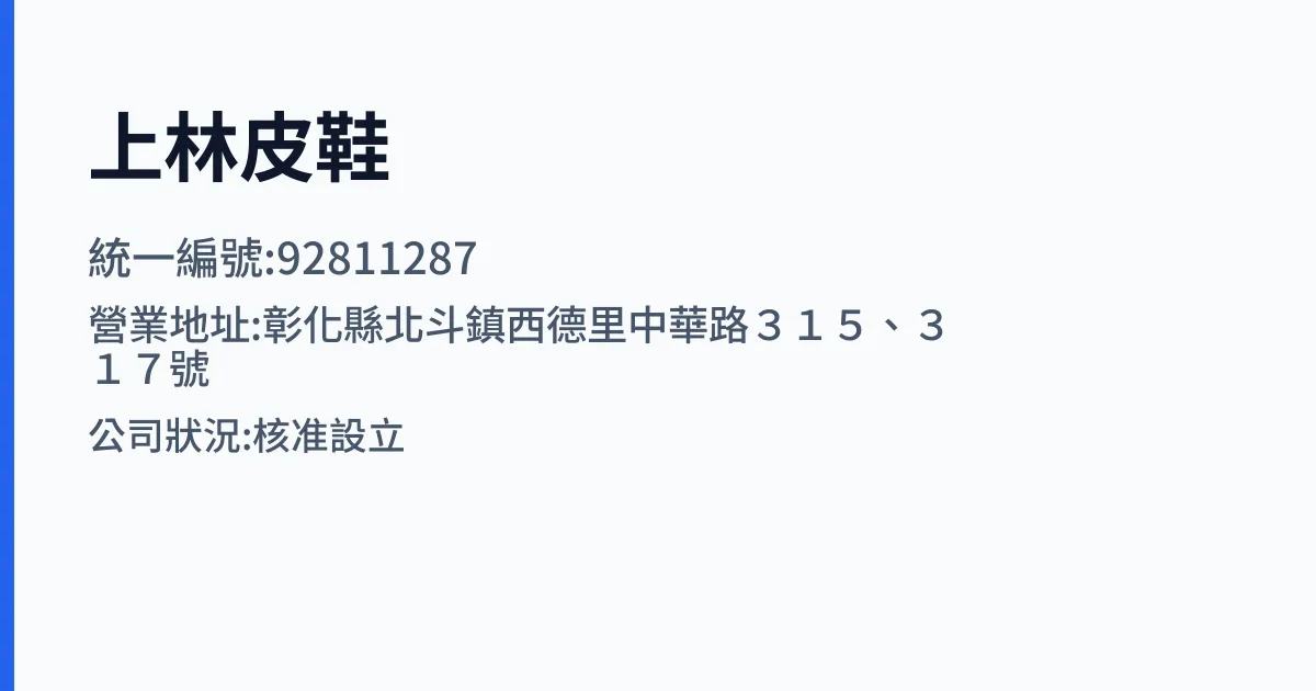 上林皮鞋 - 統編 92811287(彰化縣) 公司登記資料與營業項目詳細圖表