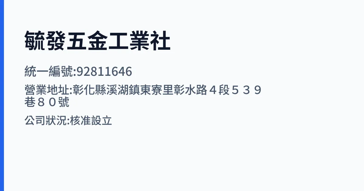 毓發五金工業社 - 統編 92811646(彰化縣) 公司登記資料與營業項目詳細圖表