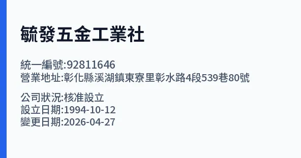 毓發五金工業社的照片-統編 92811646(彰化縣) 公司登記資料與營業項目詳細圖表