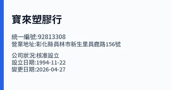 寶來塑膠行的照片-統編 92813308(彰化縣) 公司登記資料與營業項目詳細圖表